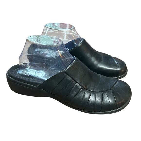 Clarks | Shoes | Clarks Leather Black Mule Clogs Pleated Slip On ...